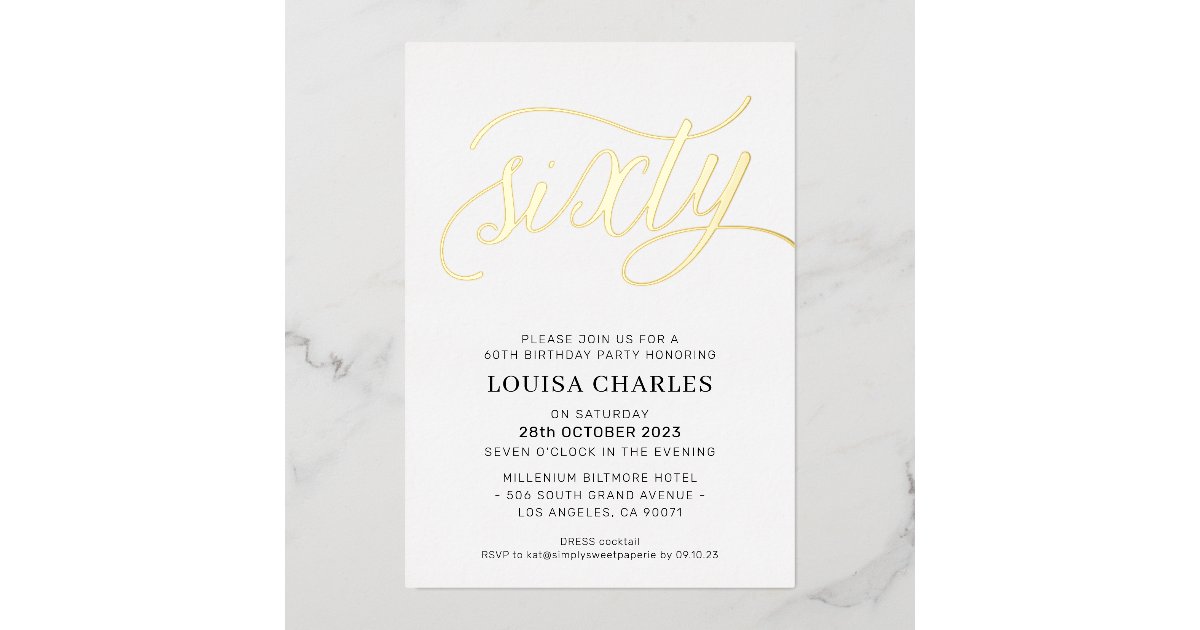 ELEGANT SCRIPT 60th birthday party stylish gold Foil Invitation | Zazzle