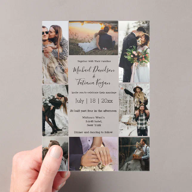 elegant script 8 photos collage modern wedding acrylic invitations | Zazzle