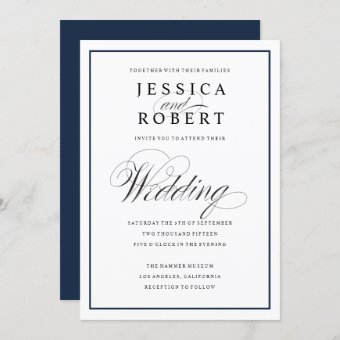 Elegant Script and Navy Border Wedding Invitation | Zazzle