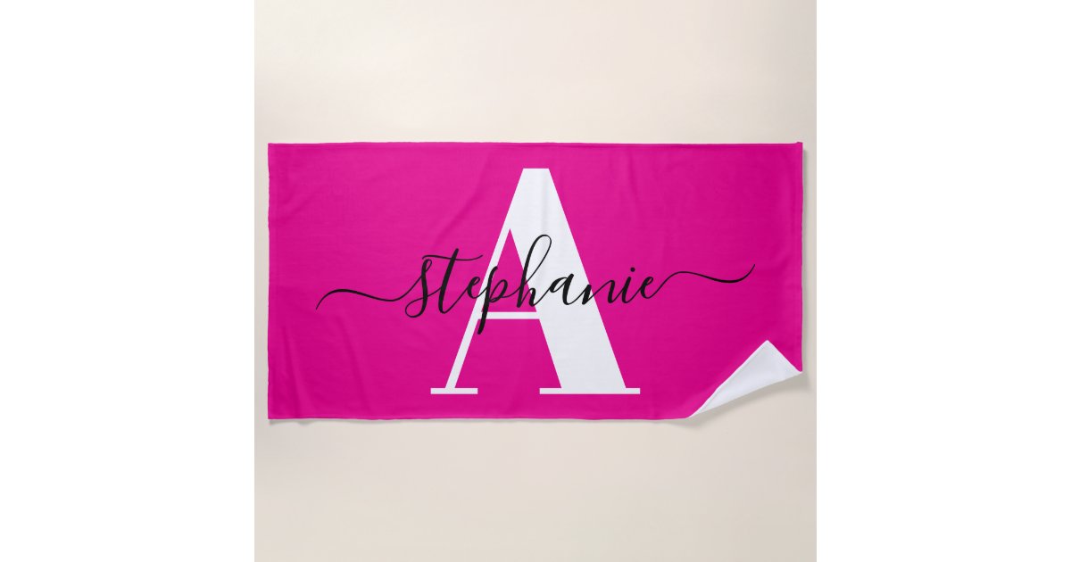 Elegant Script Big Monogram Hot Pink Beach Towel | Zazzle
