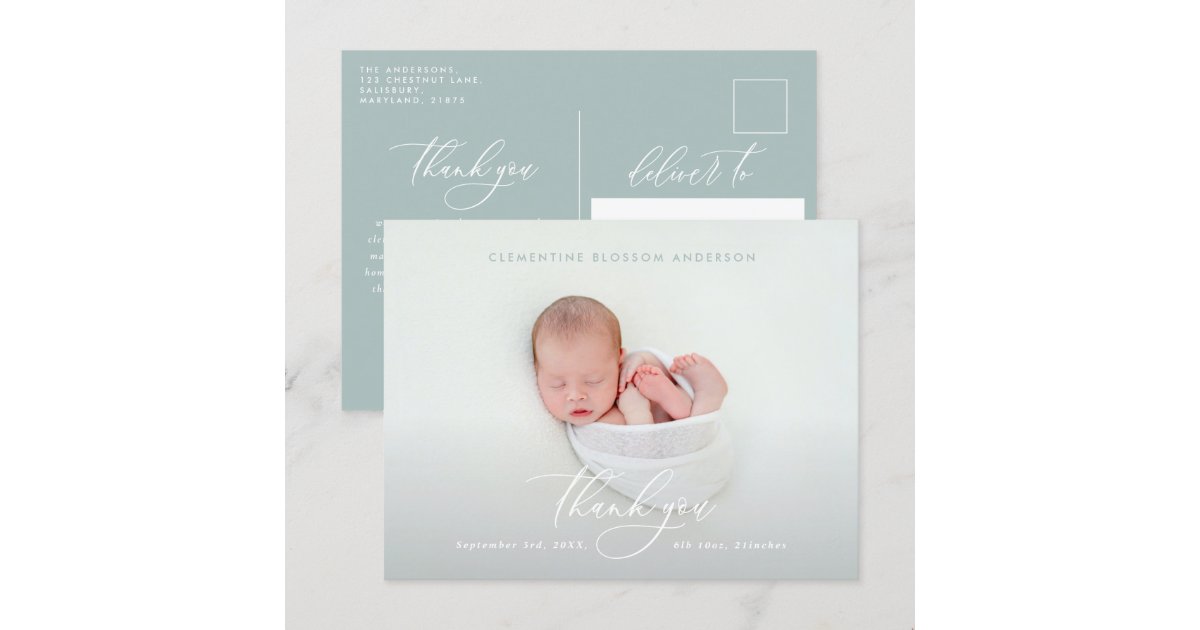 Elegant script birth announcement photo thank you | Zazzle