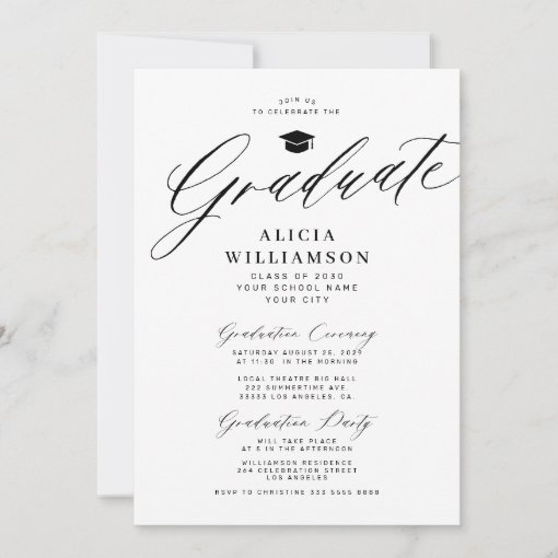 Elegant script black and white graduation party invitation | Zazzle