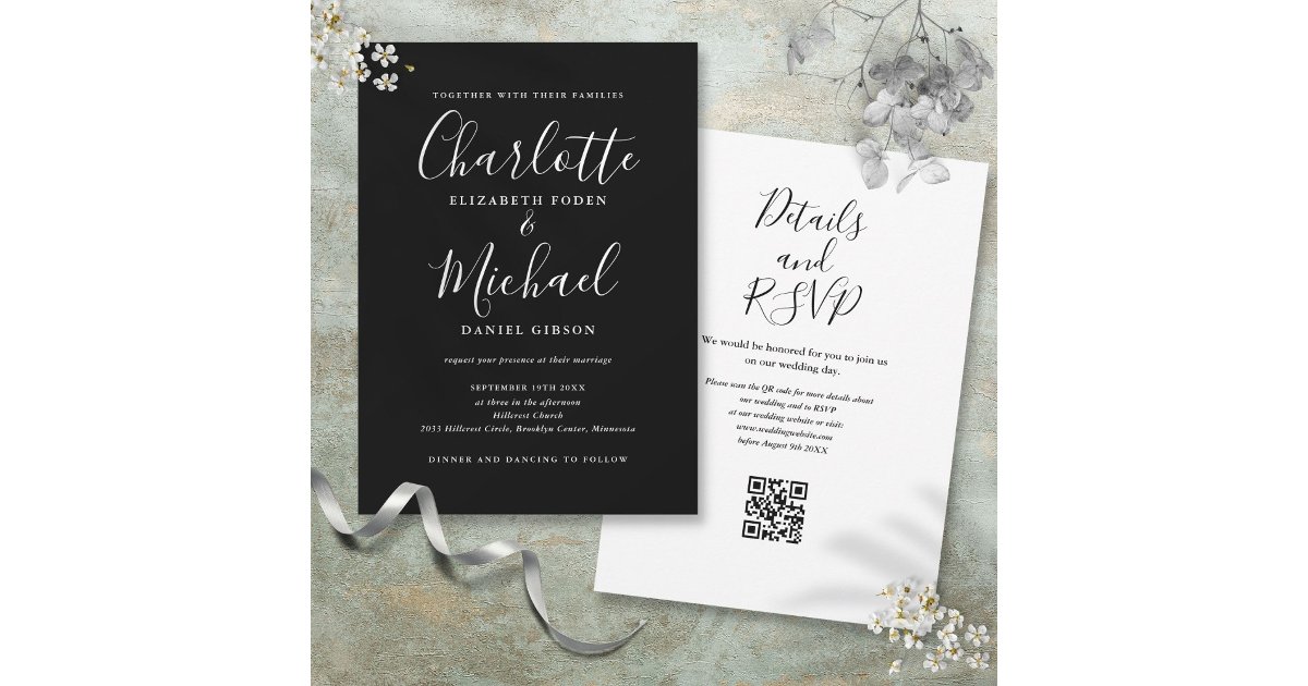 Elegant Script Black And White QR Code Wedding Invitation | Zazzle