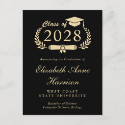 Elegant Script Black Gold College Graduation Party Invitation Postcard ...