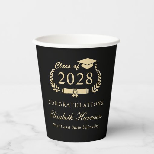 Elegant Script Black Gold Graduation Party Paper Cups | Zazzle