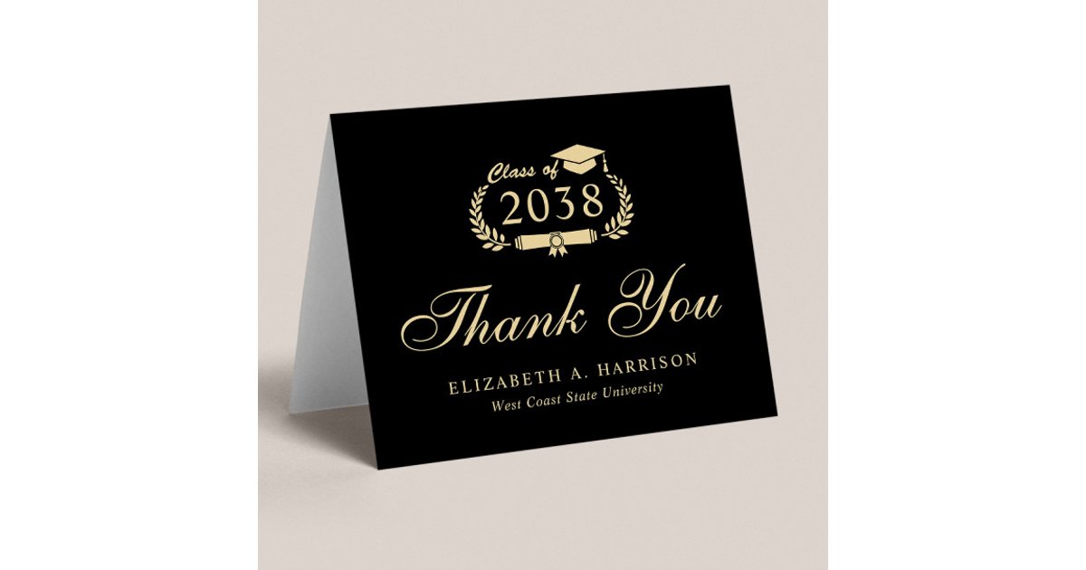 Elegant Script Black Gold Graduation Thank You Card | Zazzle