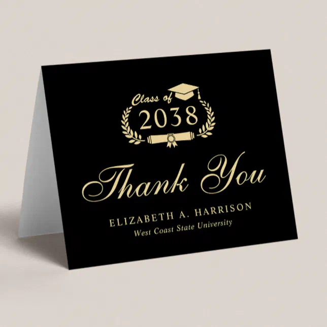 Elegant Script Black Gold Graduation Thank You Card | Zazzle