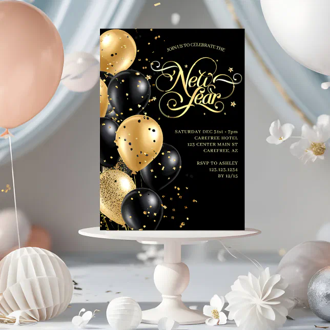 Elegant Script Black Gold New Years Eve Invitation | Zazzle