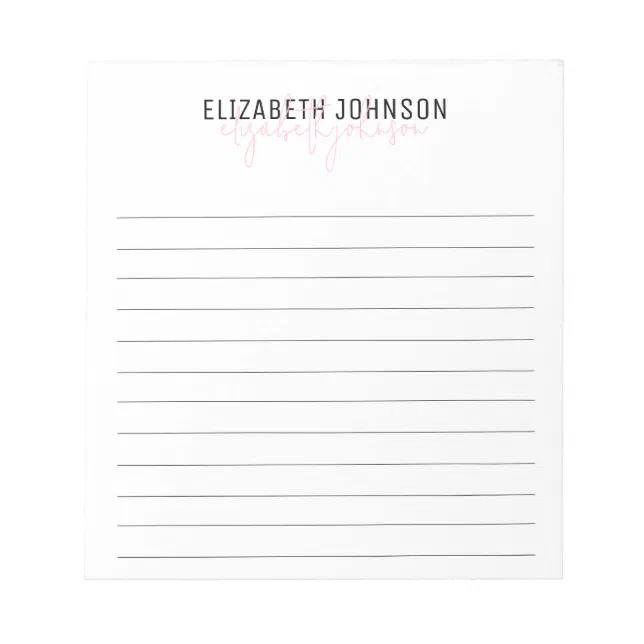 Elegant Script Black Pink Classic Lined Notepad | Zazzle