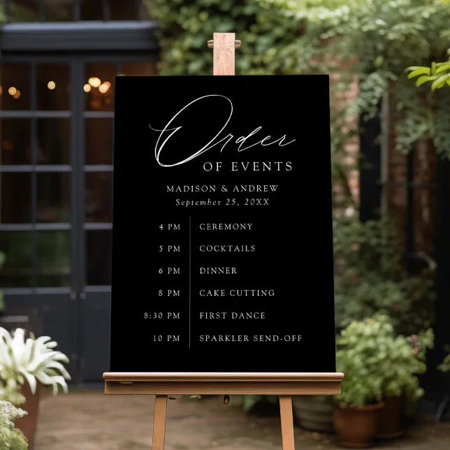 Elegant Script Black Wedding Order of Events Foam Board | Zazzle