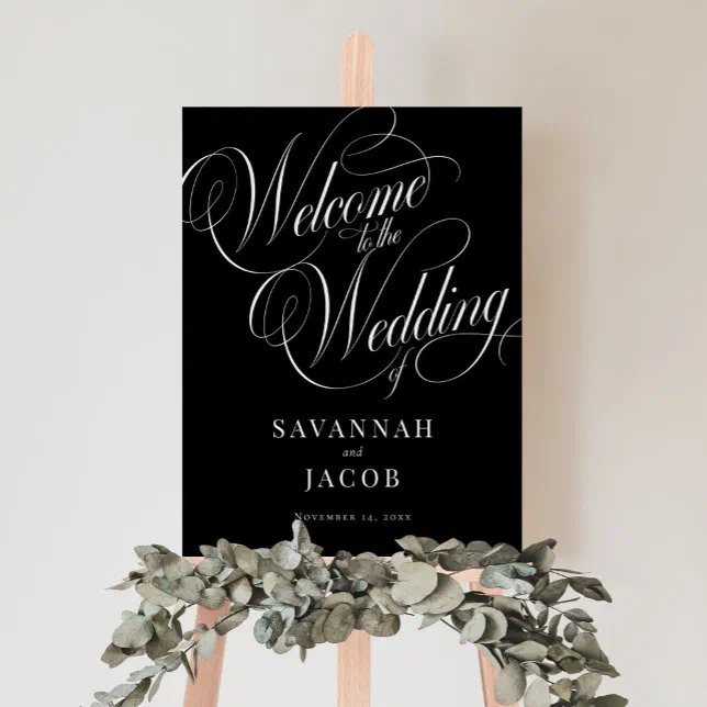 Elegant Script Black Wedding Welcome Sign | Zazzle