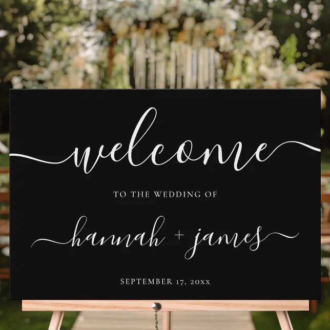 Elegant Script Black White Wedding Welcome Sign | Zazzle
