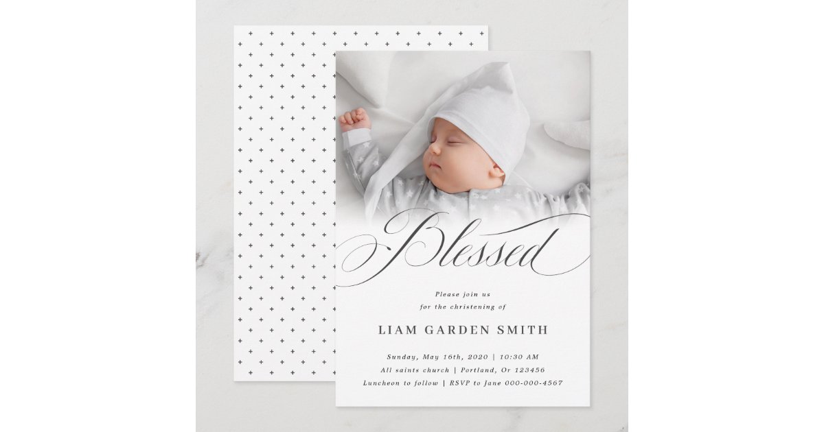 Elegant Script Blessed Christening Baptism Photo Invitation | Zazzle