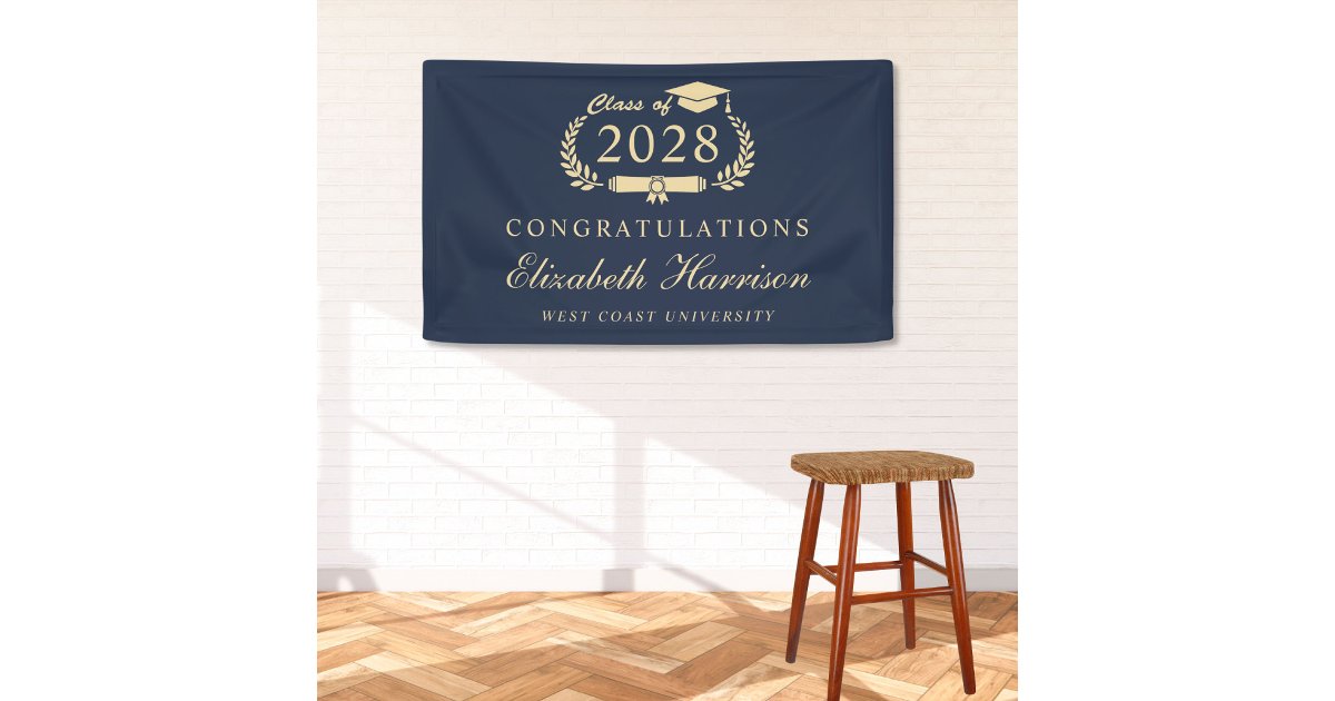 Elegant Script Blue Gold Graduation Party Welcome Banner | Zazzle