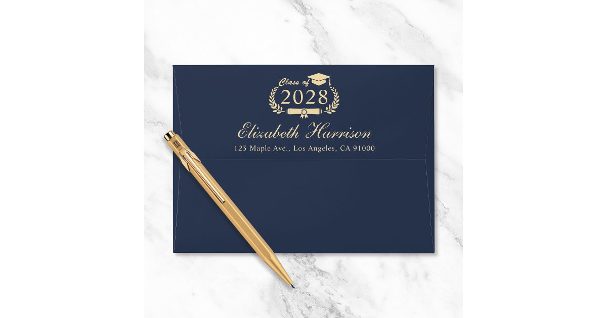Elegant Script Blue Gold Graduation Return Address Envelope | Zazzle