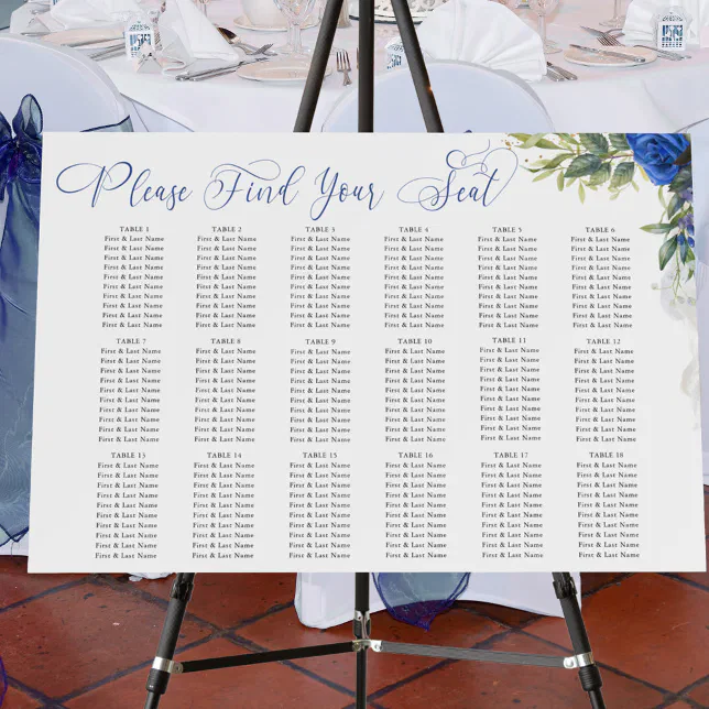 Elegant Script Blue Rose 18 Table Seating Chart Foam Board | Zazzle