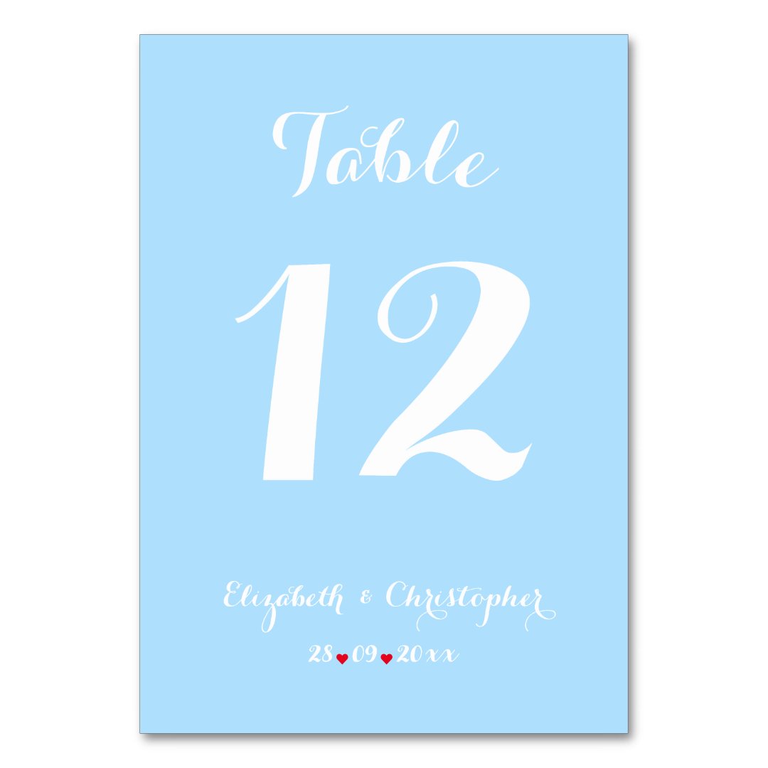 Elegant Script Blue White Wedding Bridal Shower Table Number | Zazzle