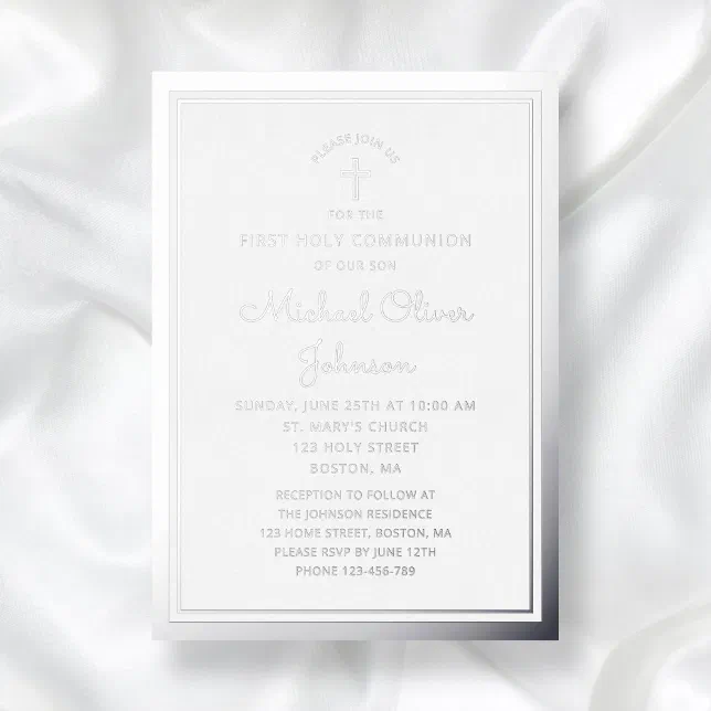 Elegant Script Boy First Communion Silver Foil Invitation | Zazzle