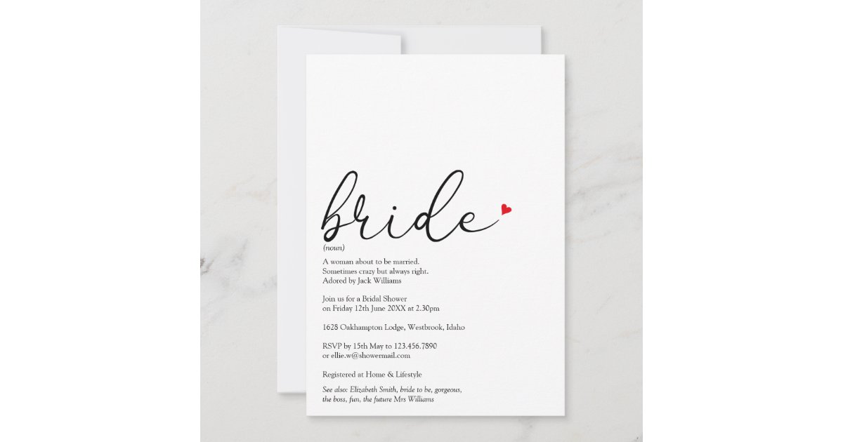 Elegant Script Bride Definition Bridal Shower Invitation | Zazzle