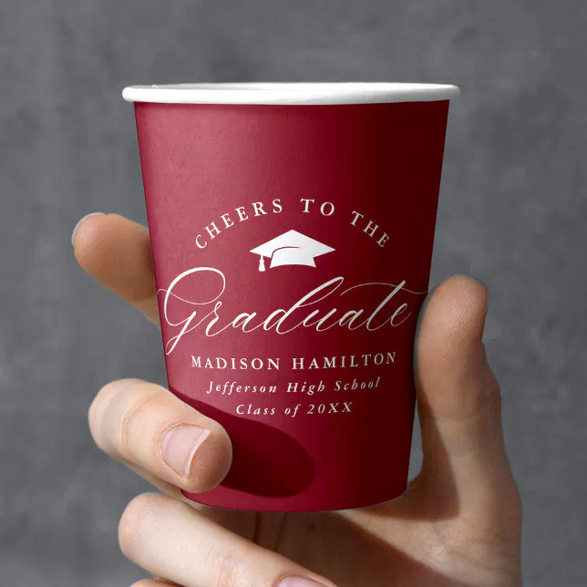 Elegant Script Burgundy Cheers to the Graduate Paper Cups | Zazzle