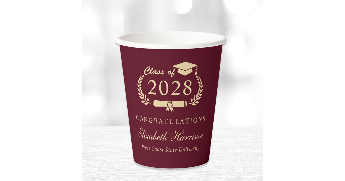 Elegant Script Burgundy Red Gold Graduation Paper Cups | Zazzle