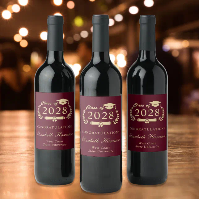 Elegant Script Burgundy Red Gold Graduation Wine Label | Zazzle
