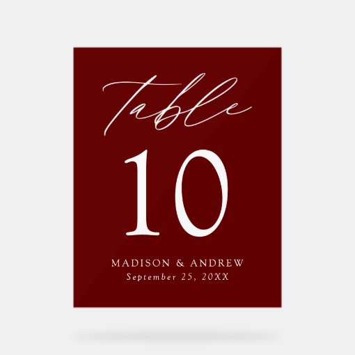 Elegant Script Burgundy Wedding Table Number Acrylic Sign | Zazzle