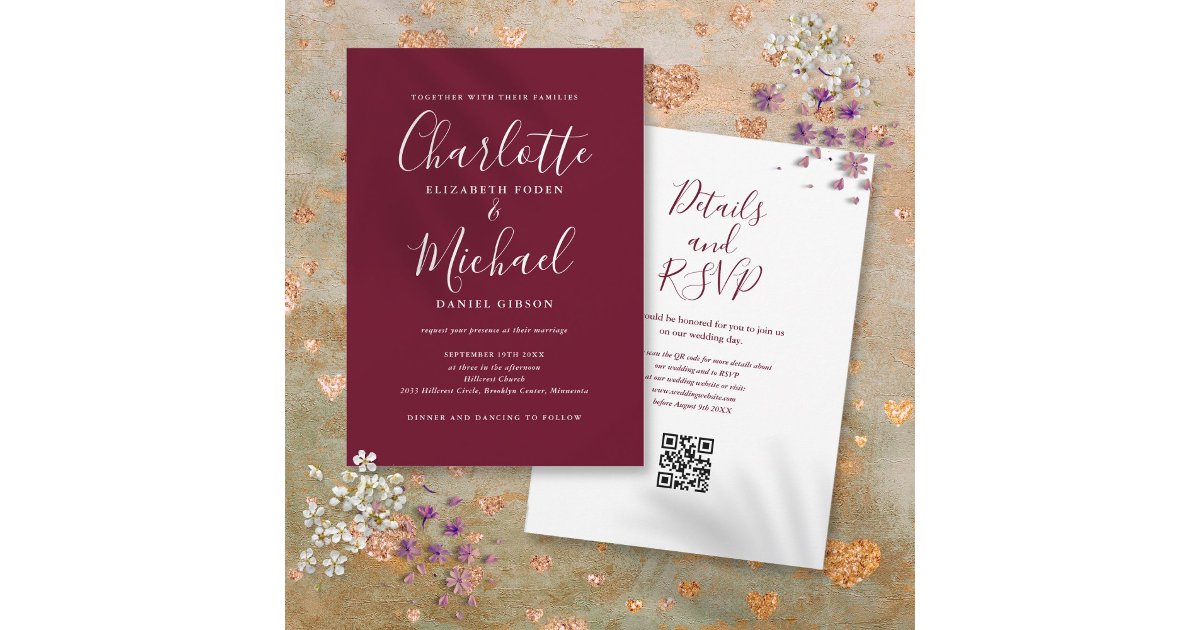 Elegant Script Burgundy Wine QR Code Wedding Invitation | Zazzle
