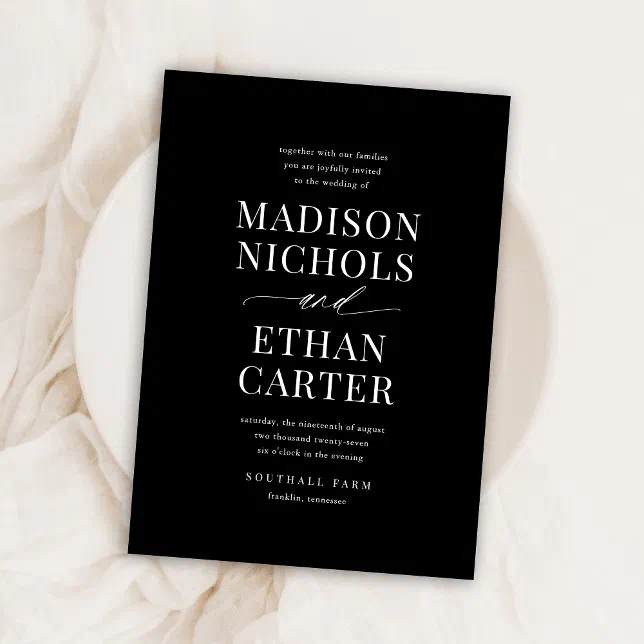 Elegant Script Calligraphy Black Wedding Invitation | Zazzle