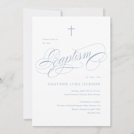 Elegant Script Calligraphy Dusty Blue Boys Baptism Invitation | Zazzle