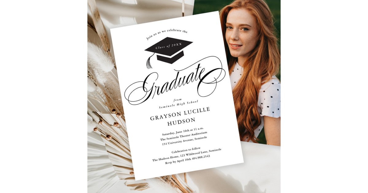 Elegant Script Calligraphy Photo Graduation Invitation | Zazzle
