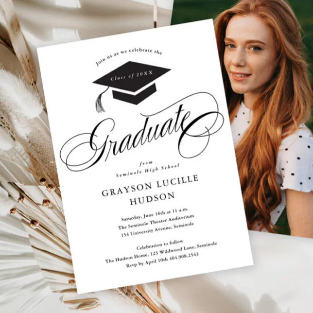 Elegant Script Calligraphy Photo Graduation Invitation | Zazzle