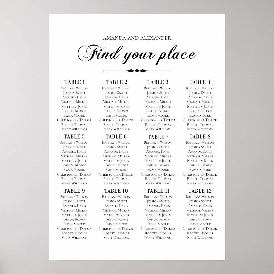 Elegant script calligraphy wedding seating chart | Zazzle