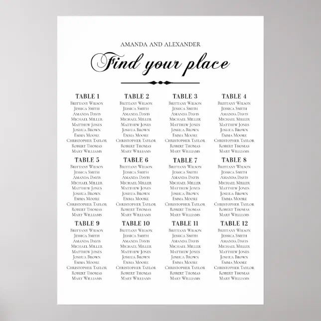 Elegant script calligraphy wedding seating chart | Zazzle