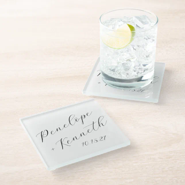 Elegant Script Calligraphy White Wedding Custom Glass Coaster | Zazzle