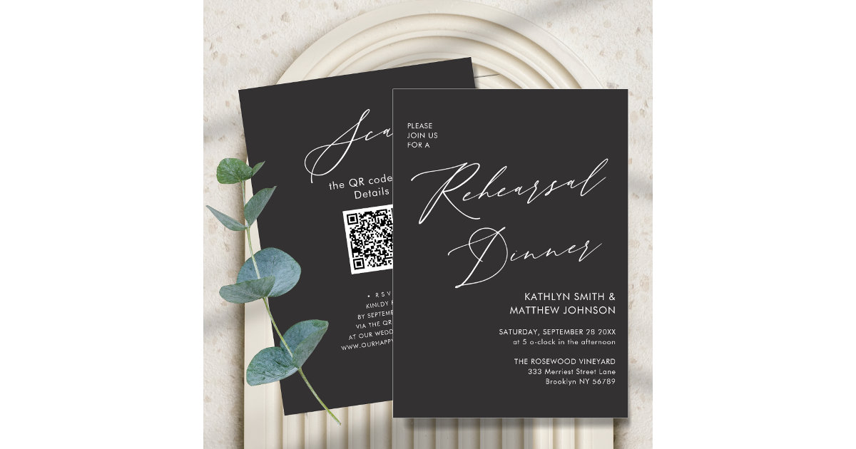 Elegant Script Chic Grey Rehearsal Dinner QR code Invitation | Zazzle