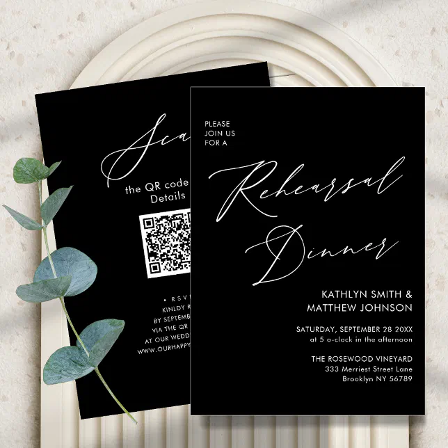 Elegant Script Chic Grey Rehearsal Dinner QR code Invitation | Zazzle