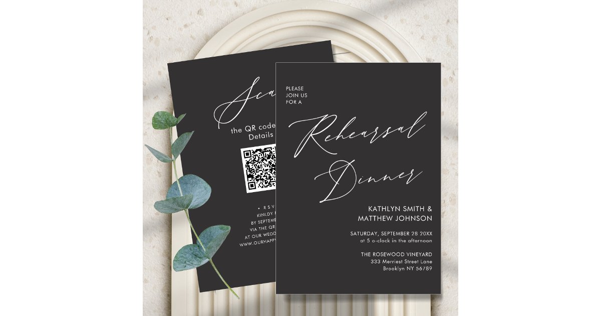 Elegant Script Chic Grey Rehearsal Dinner QR code Invitation | Zazzle