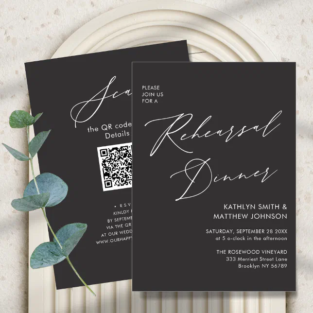 Elegant Script Chic Grey Rehearsal Dinner QR code Invitation | Zazzle