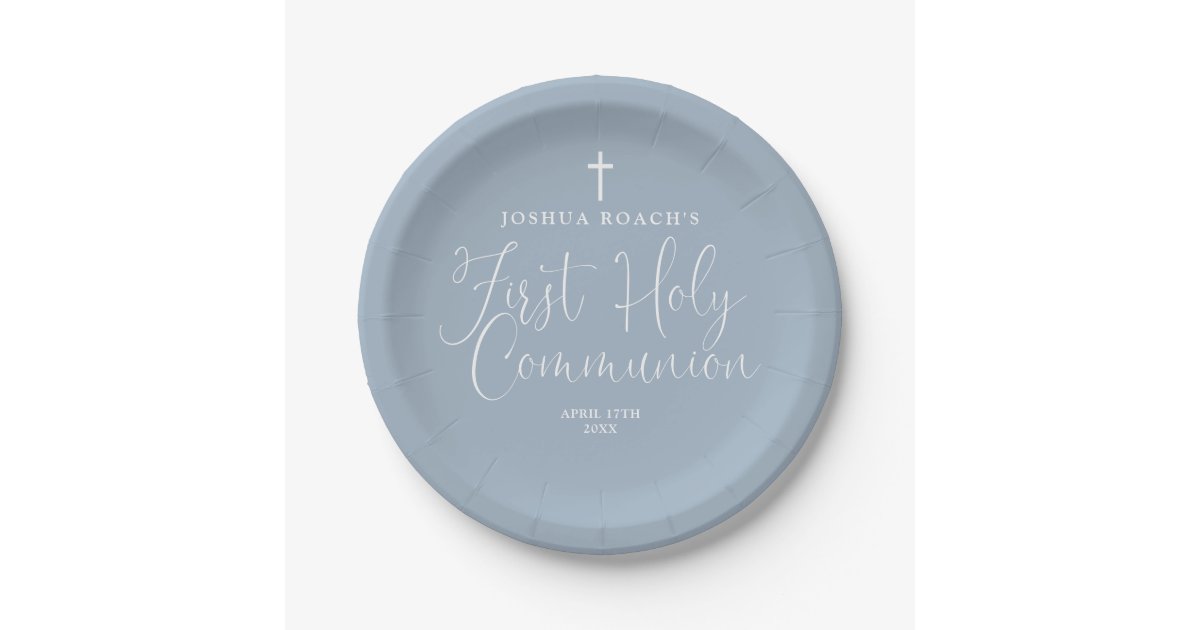 Elegant Script Dusty Blue First Holy Communion Paper Plates | Zazzle