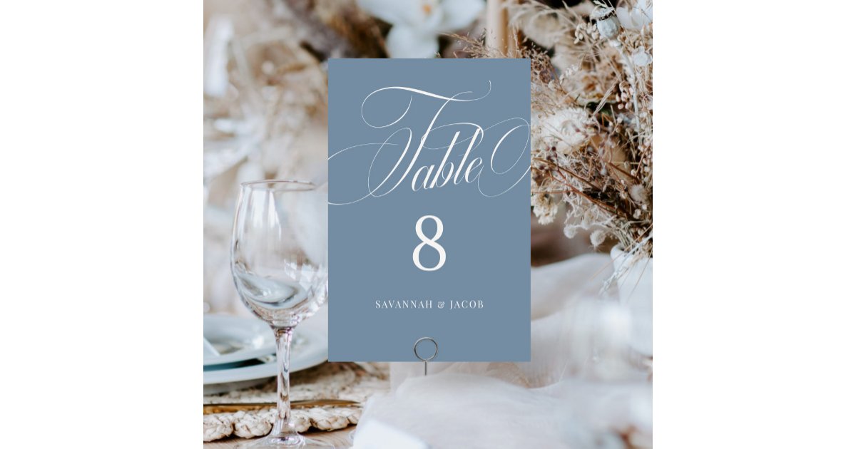 Elegant Script Dusty Blue Wedding Table Number | Zazzle