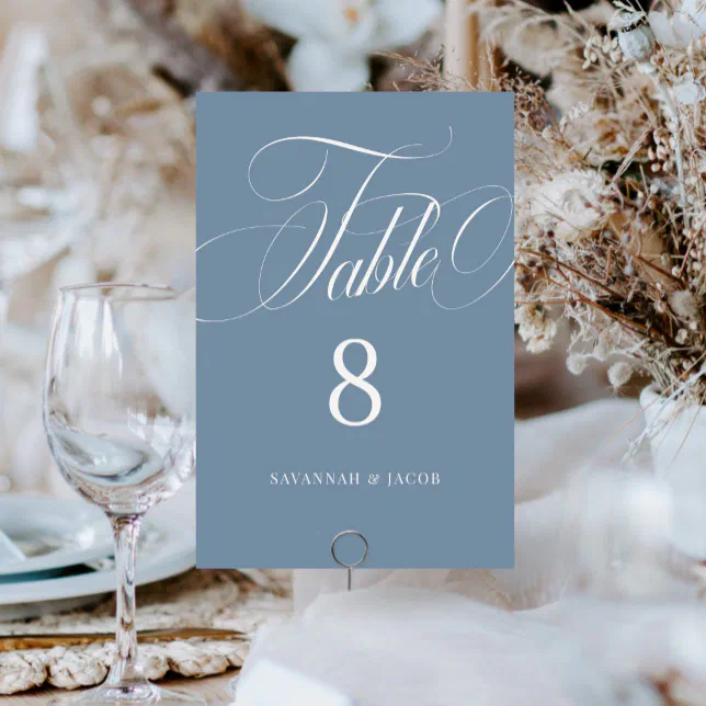 Elegant Script Dusty Blue Wedding Table Number | Zazzle