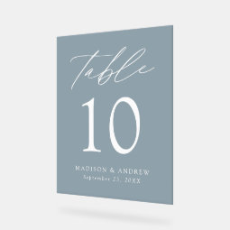 Elegant Script Dusty Blue Wedding Table Number Acrylic Sign | Zazzle