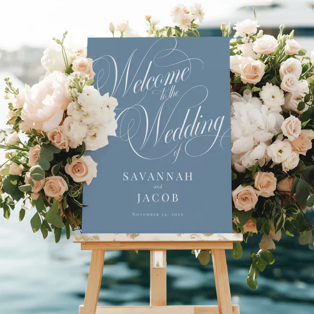 Elegant Script Dusty Blue Wedding Welcome Sign | Zazzle