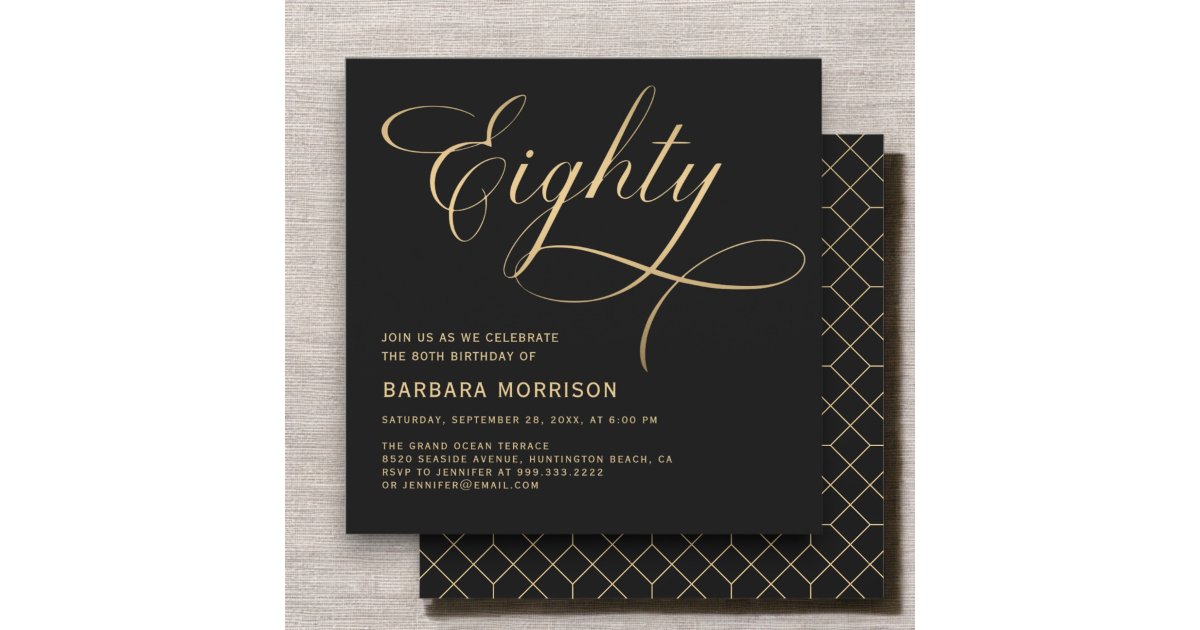 Elegant Script Eighty Black Gold 80th Birthday Invitation | Zazzle