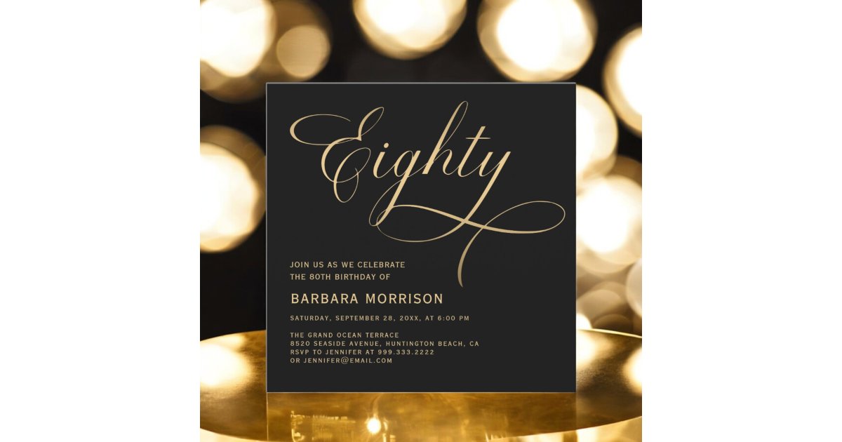 Elegant Script Eighty Black Gold 80th Birthday Invitation | Zazzle