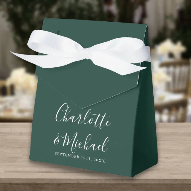 Elegant Script Emerald Green Wedding Favor Boxes | Zazzle