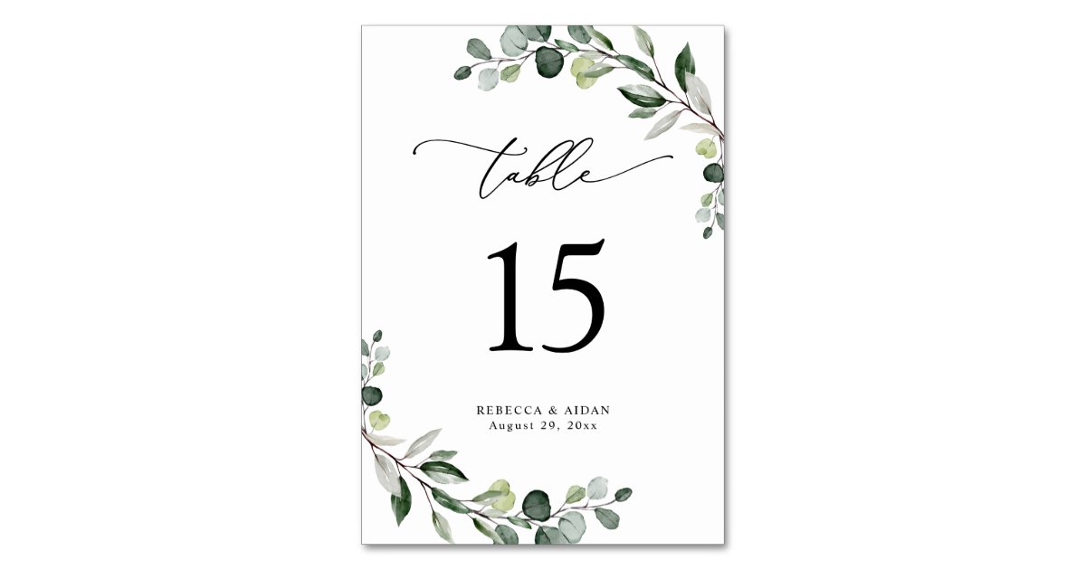 Elegant Script Eucalyptus Greenery Table Number | Zazzle