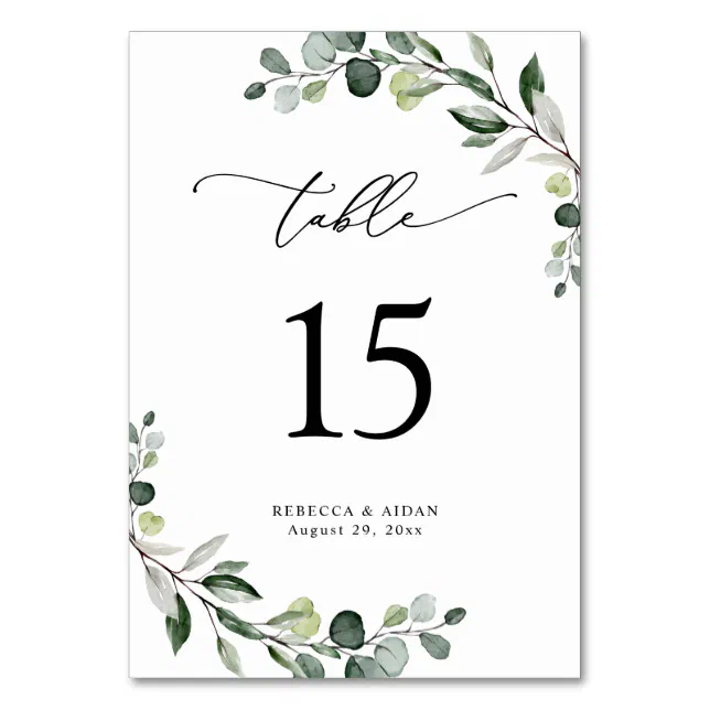 Elegant Script Eucalyptus Greenery Table Number | Zazzle