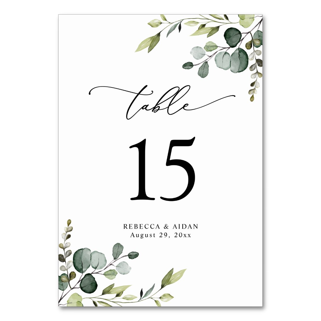 Elegant Script Eucalyptus Greenery Table Numbers | Zazzle